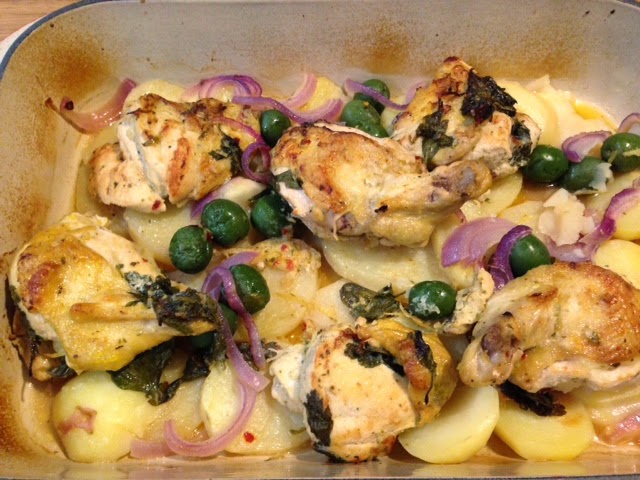 Roast Chicken with Olives, Oregano, Parsley and Lemon Zest on a bed of ...